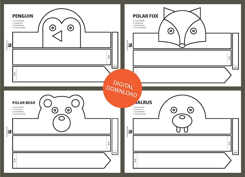 Arctic Animal Paper Crown - Printable, Coloring Crown, Coloring Face ...