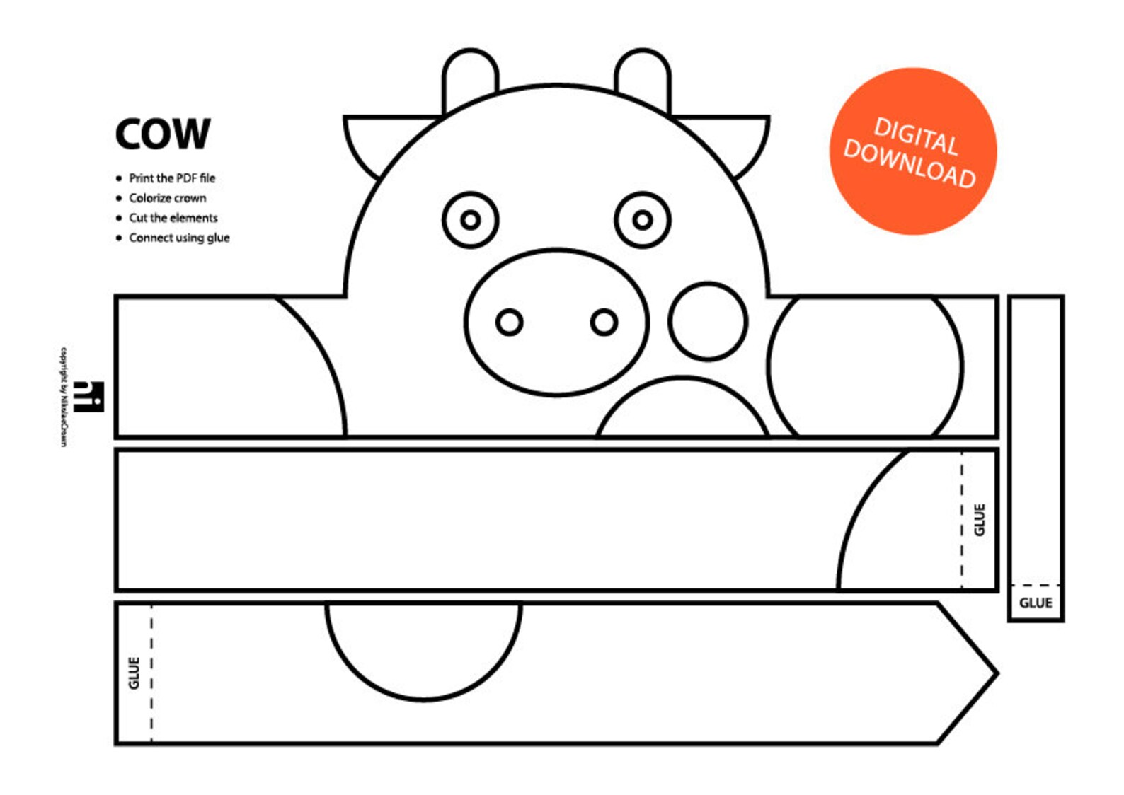 Cow Paper Crown - Printable, Coloring Crown, Coloring Face Mask, Crown ...