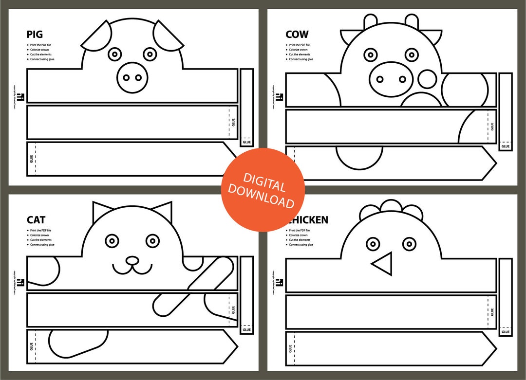 Farm Animal Paper Crown - Printable, Coloring Crown, Coloring Face Mask ...