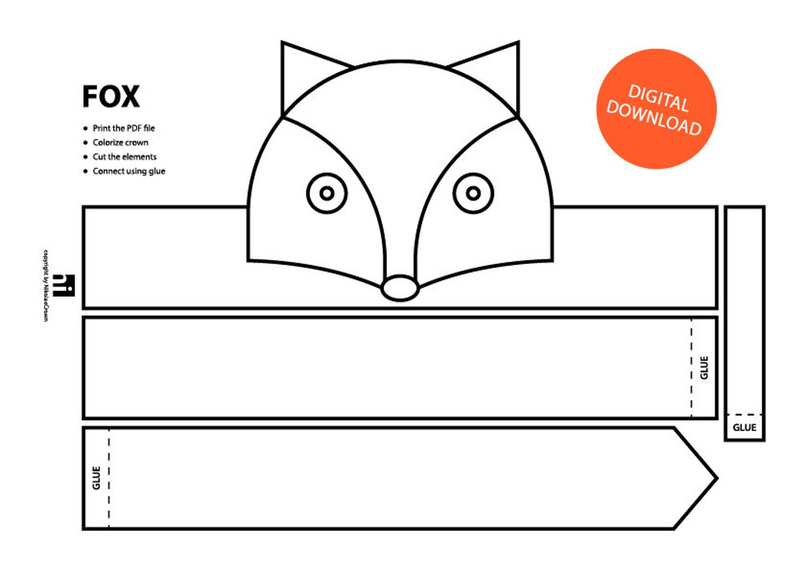 Fox Paper Crown - Printable, Coloring Crown, Coloring Face Mask, Crown ...