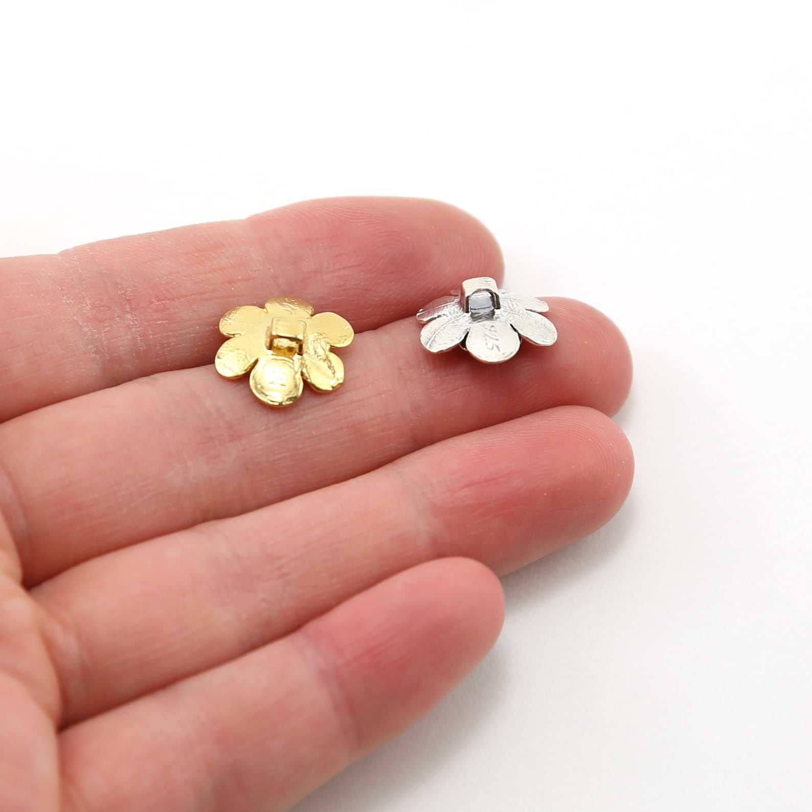 Layered Flower Daisy Button in Sterling Silver or Shiny Vermeil Gold ...