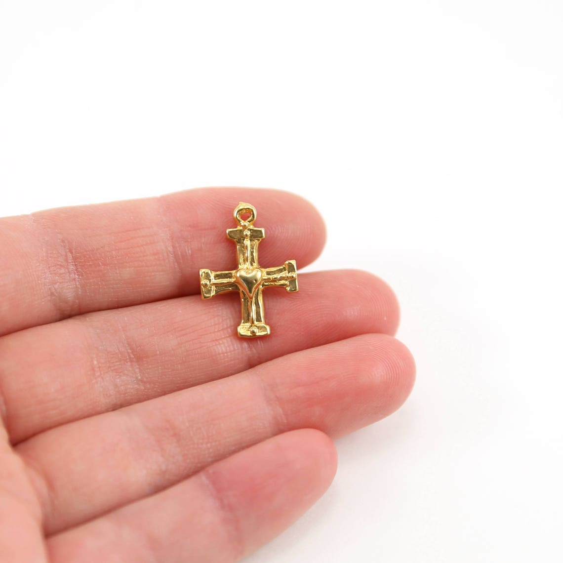 Cross With Tiny Heart Charm Pendant Religious Charm in - Etsy