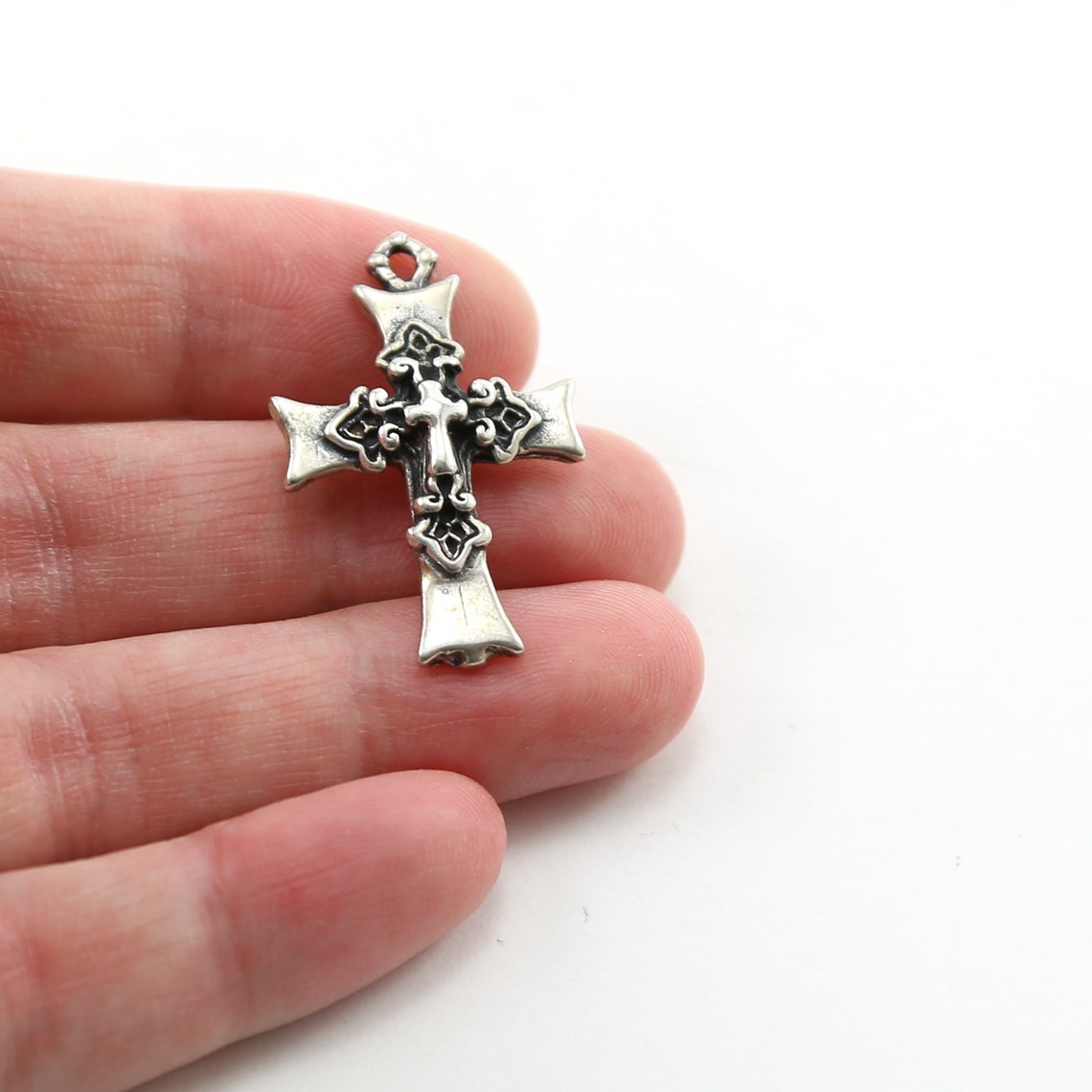Sterling Silver Thick Fancy French Fleur De Les Cross Charm Pendant ...
