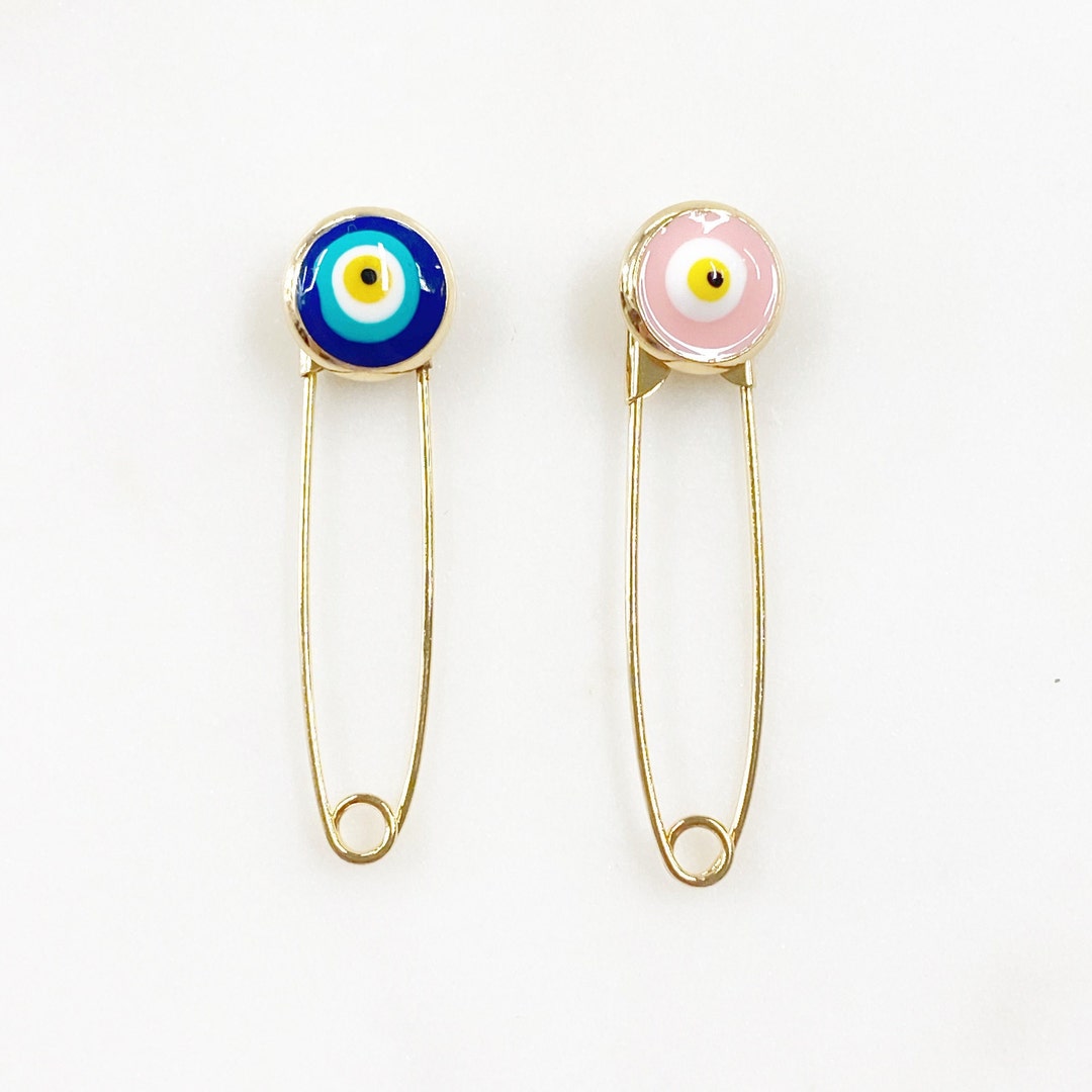Evil Eye Safety Pin Choose Your Color Pink or Blue Gold Plated Safety ...