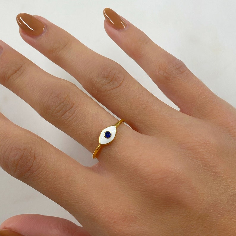Evil Eye Ring White Enamel Blue Stone Thin Protection Ring | Etsy