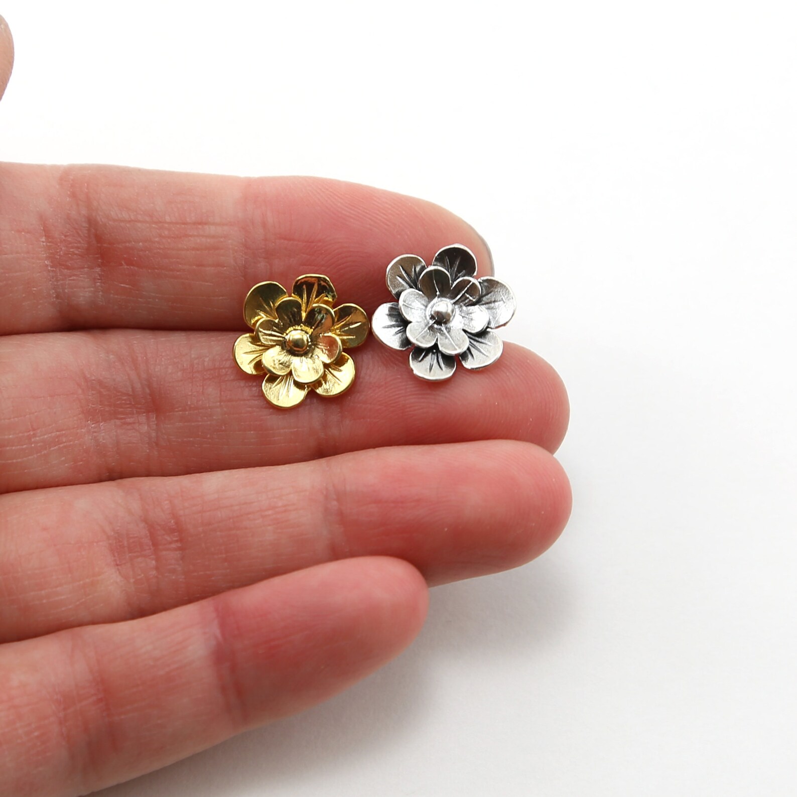 Layered Flower Daisy Button in Sterling Silver or Shiny - Etsy