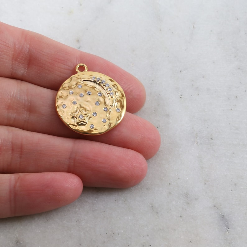 Cubic Zirconia Large Crescent Moon and Star Thick Coin Pendant - Etsy