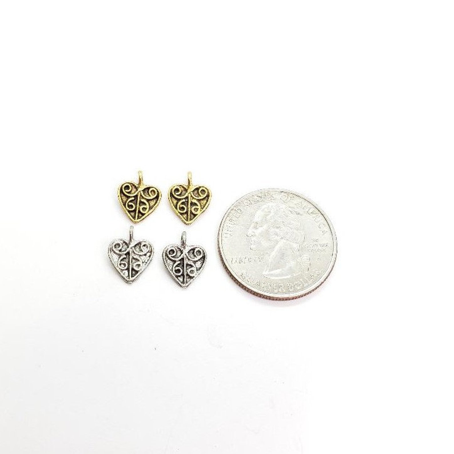 2 Small Pewter Wire Design Hearts with Loop Charms Love | Etsy