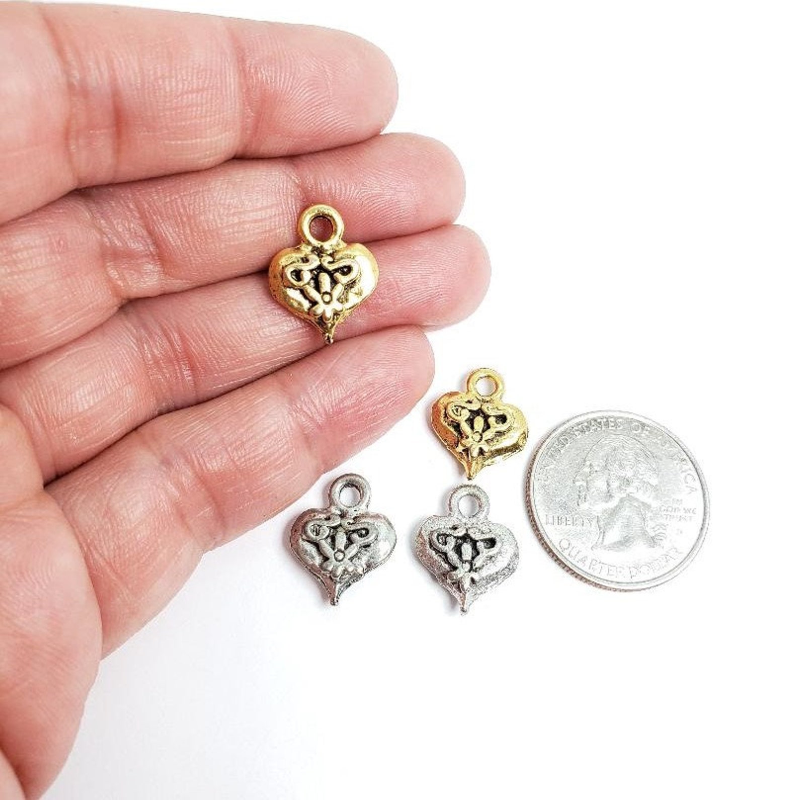 2 Pieces Pewter Heart With Flower Design Charms in Antique - Etsy
