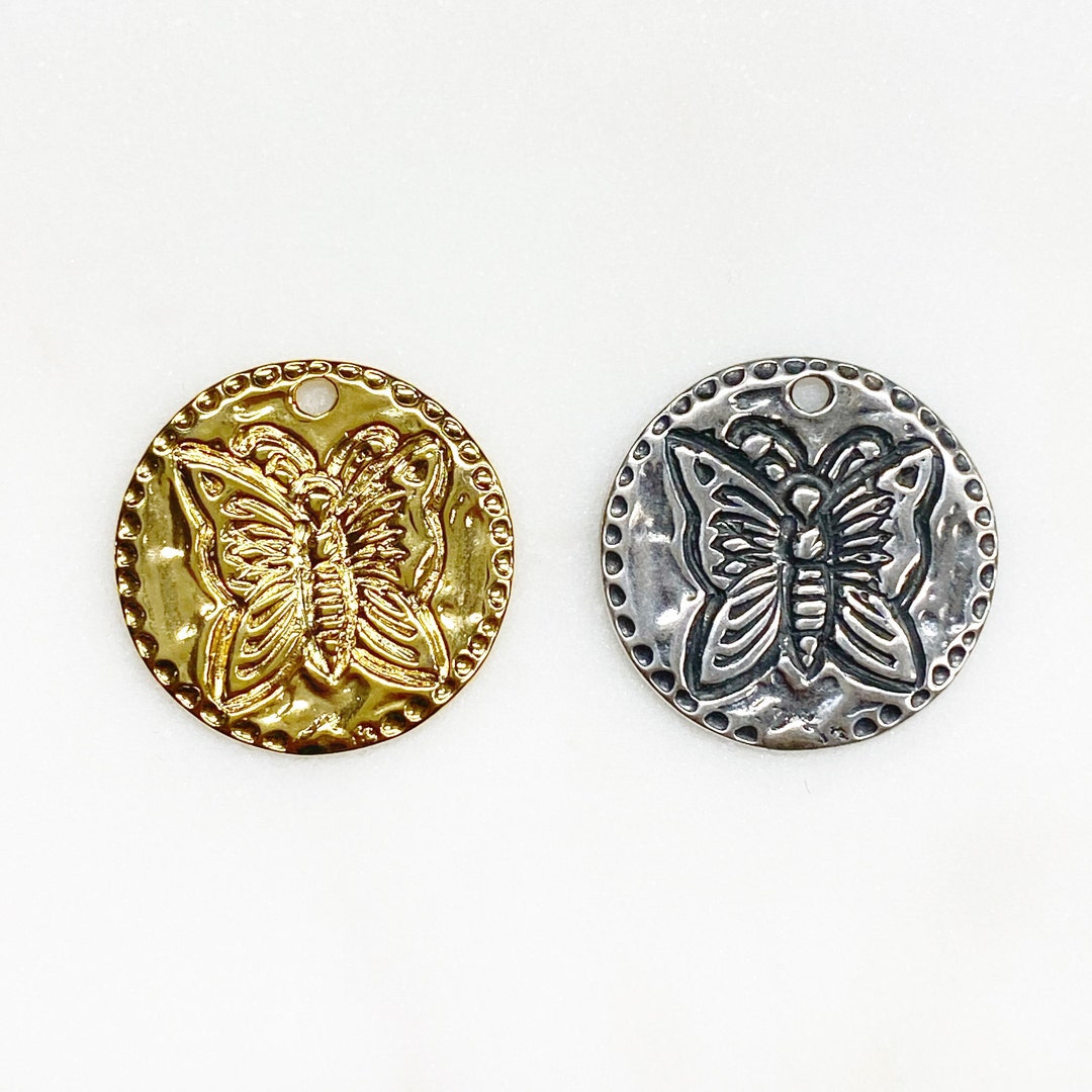 Stamped Butterfly Coin Medallion Pendant in Vermeil or Sterling Silver ...