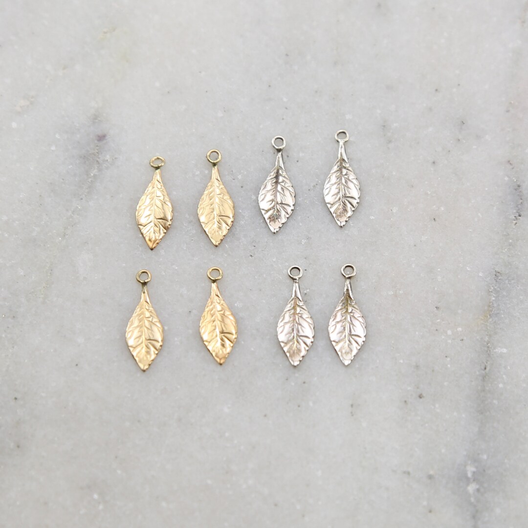 4 Pieces Thin Delicate Detailed Leaf Charm in Sterling Silver and 14K ...