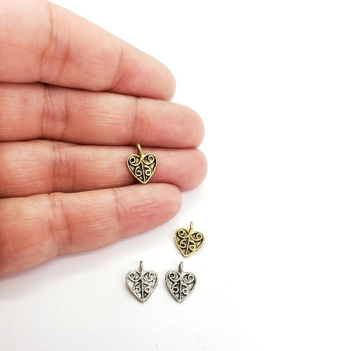 2 Small Pewter Wire Design Hearts With Loop Charms Love | Etsy