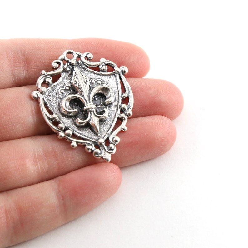 Large Sterling Silver Fleur De Lis Charm Fancy Shield 3D Thick - Etsy