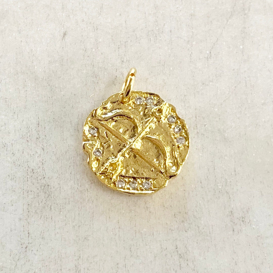 Gold Plated CZ Cupid Arrow Zodiac Coin Cubic Zirconia Drop Charm ...