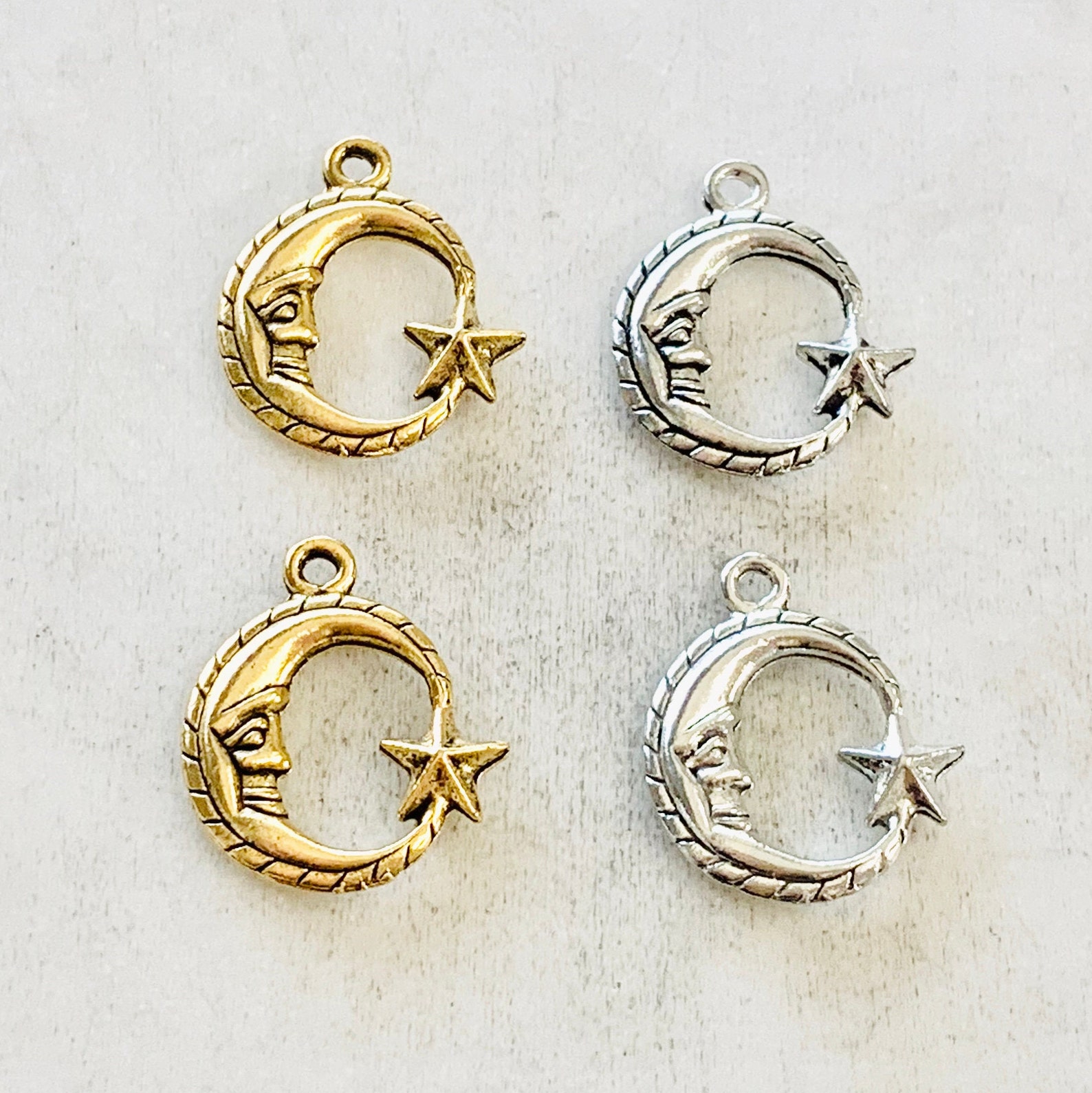 2 Pieces Pewter Crescent Moon and Attached Star Charm Celestial Pendant ...