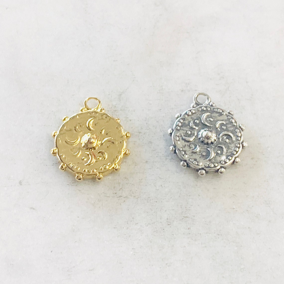 Celestial Coin Crescent Moon With Dotted Edge Rim Round Circle | Etsy