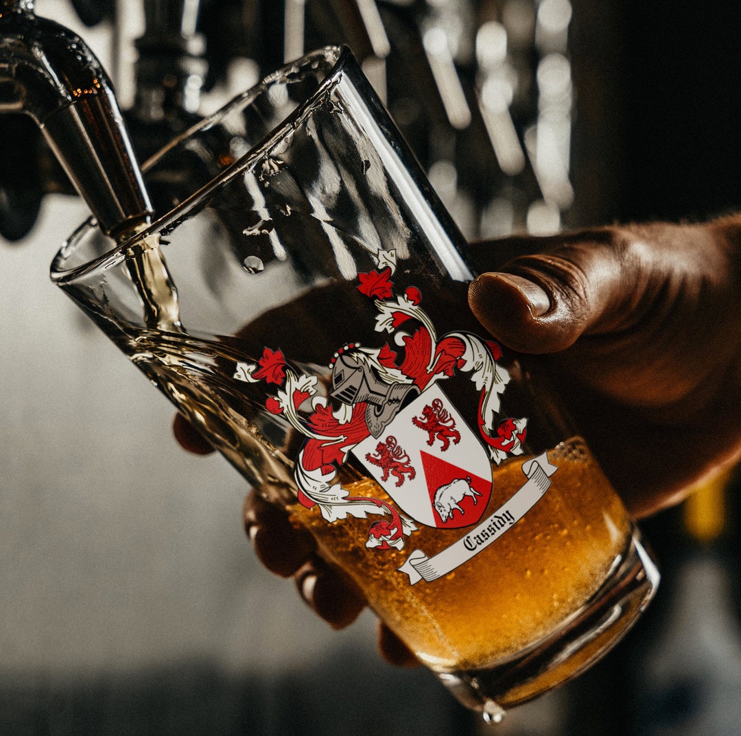 Custom Family Coat of Arms Pint Glass in Color, Knight & Mantel Family ...