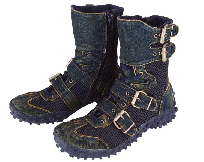 2000s Vintage Futuristic Spike Rubber Sole Sporty Lace-up Boots / Denim ...