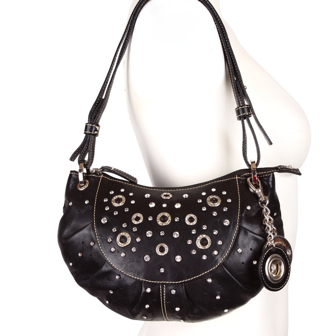2000er Blumarine Handtasche aus schwarzem Leder verziert mit goldenen ...