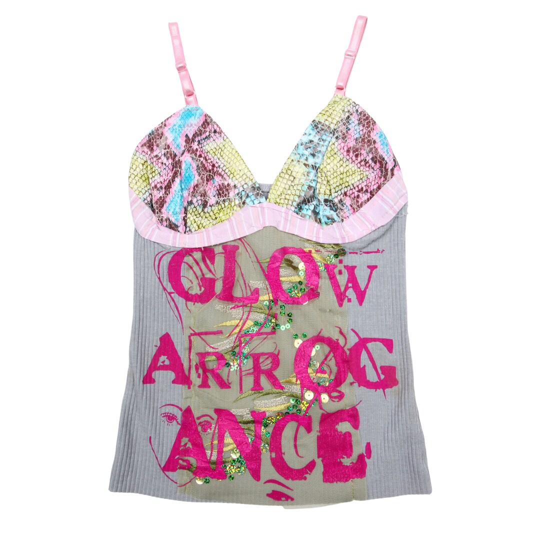 2000s Vintage Top With Print / Grey and Hot Pink Y2k Top / Artsy ...