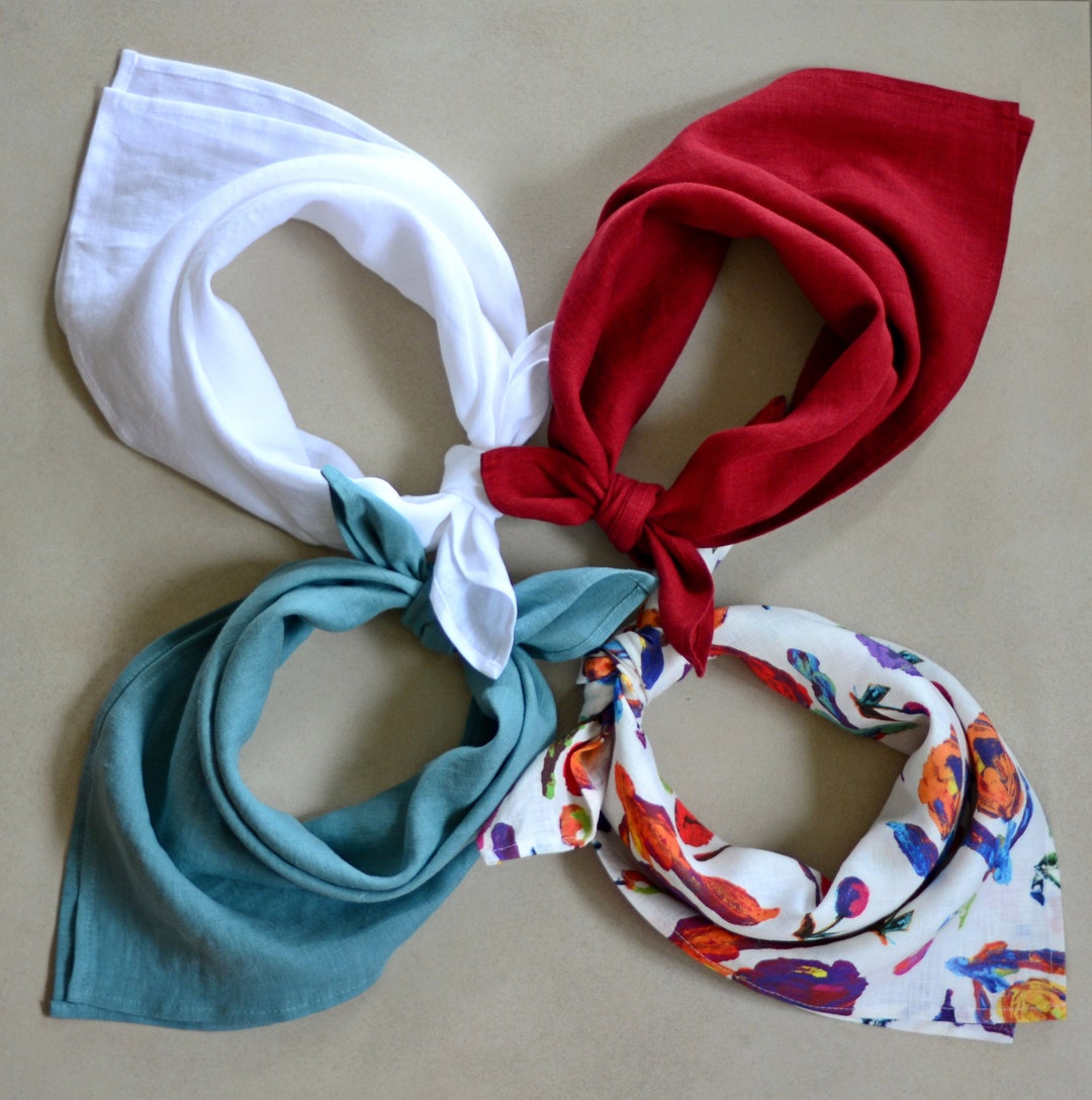 Linen Bandana, Square Linen Scarf, White Blue Red Man Woman Bandana ...