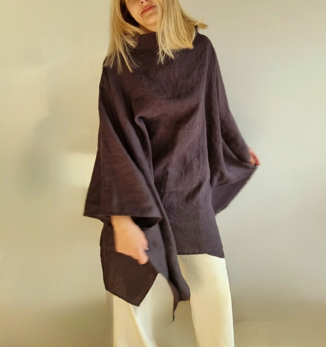 Linen Cloak, Linen Mantle, Linen Poncho, Turtleneck Cape, Linen Shawl ...