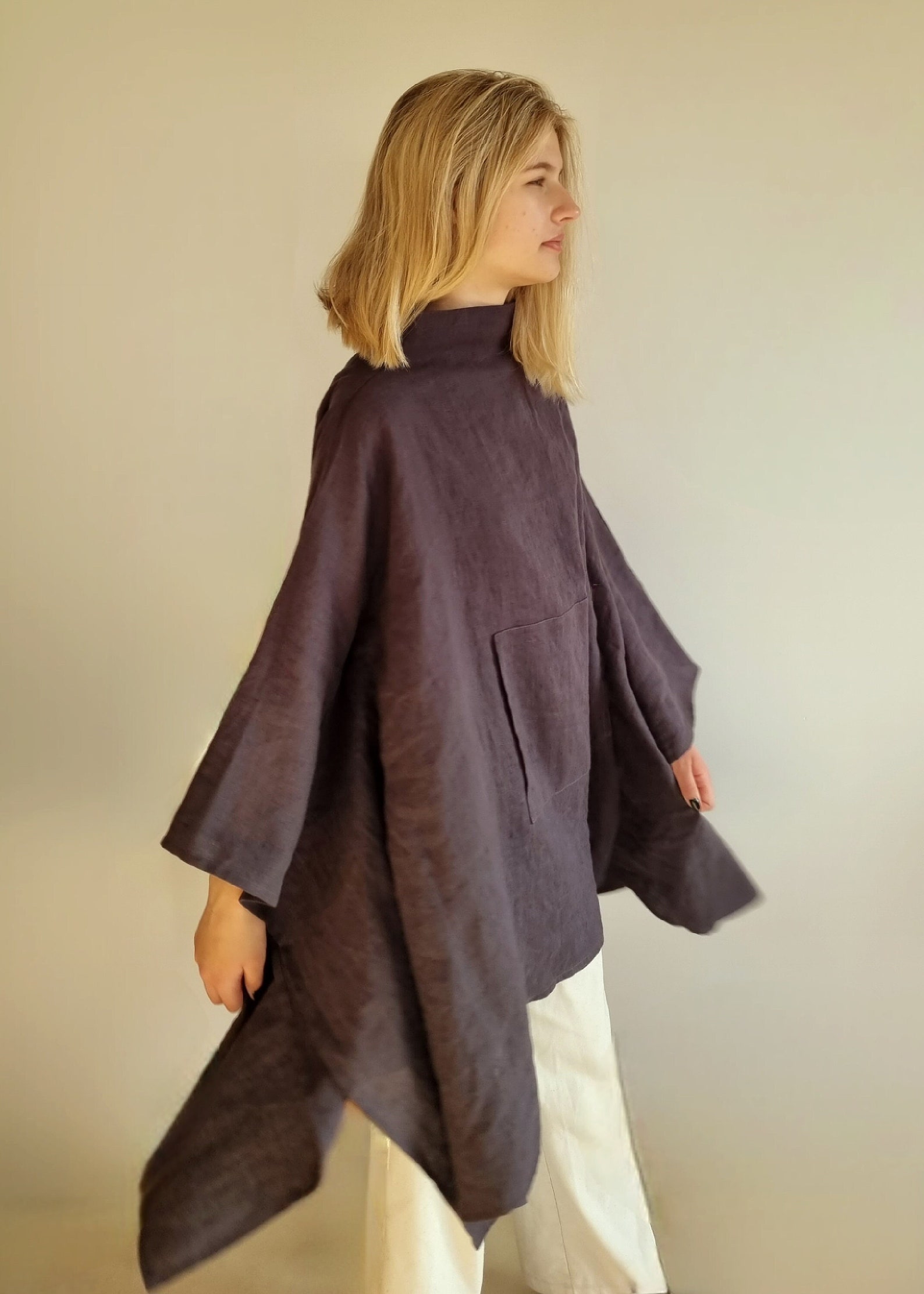 Linen Cloak, Linen Mantle, Linen Poncho, Turtleneck Cape, Linen Shawl ...