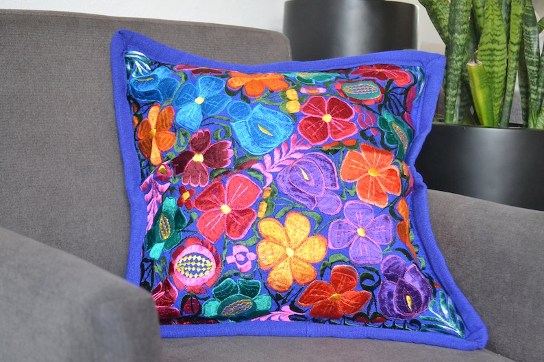 Chiapas Hand Embroidered Mexican Pillow Floral Design Throw | Etsy