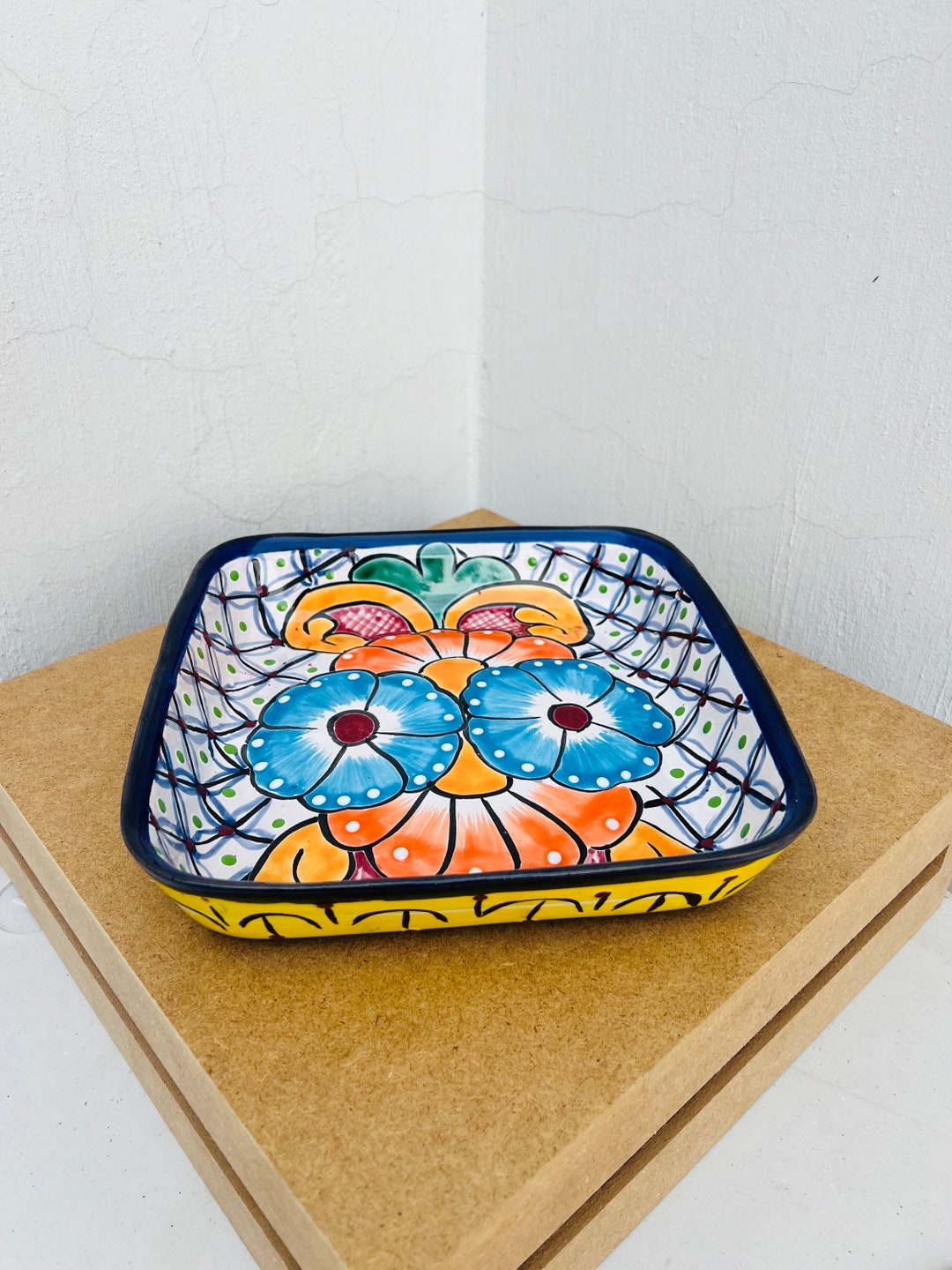 Handmade Talavera Square Baking Dish, Cobalt Floral Ceramic, Mexican ...