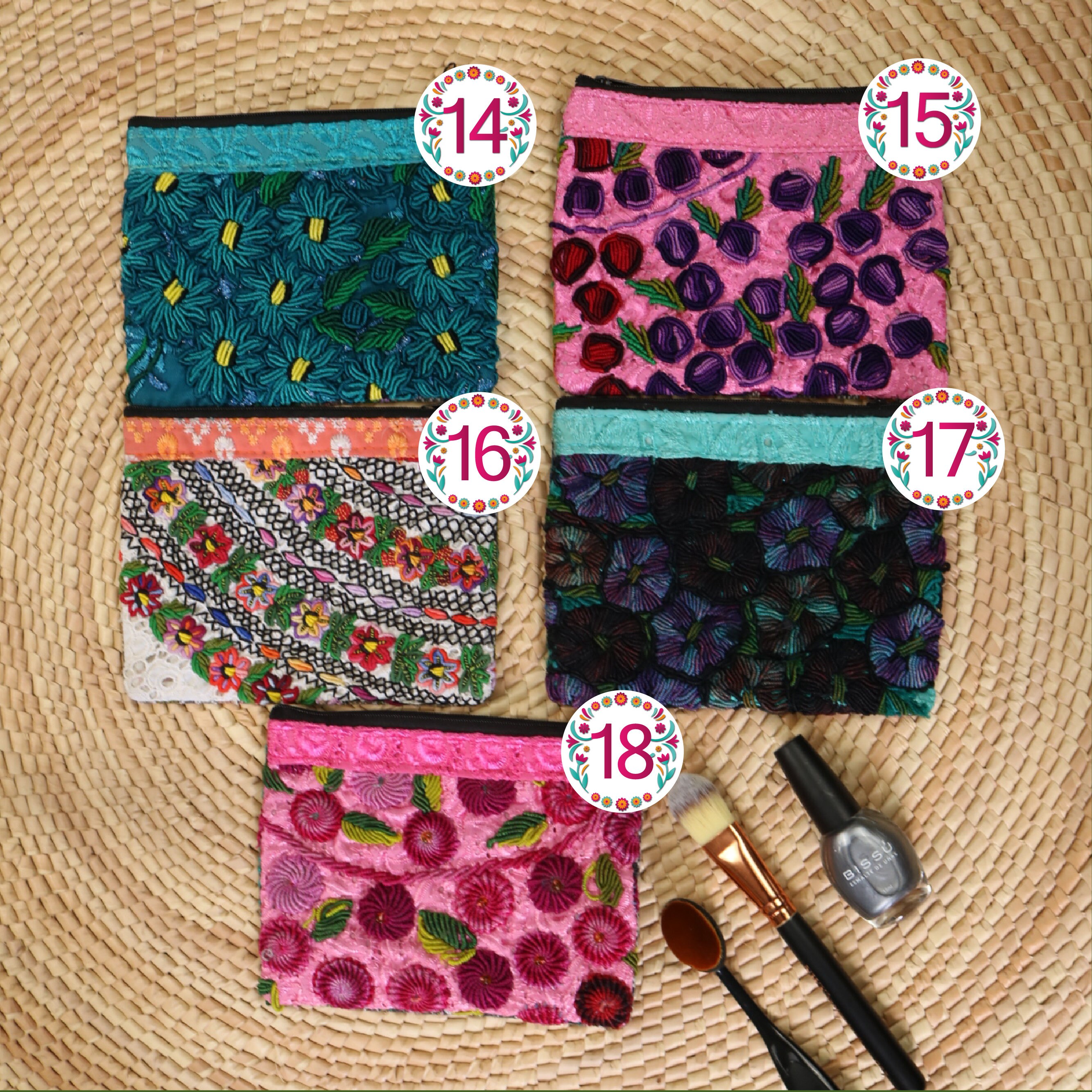 Hand Woven Mexican Embroidery Bag, Floral Cosmetic Zipper Pouch - Etsy