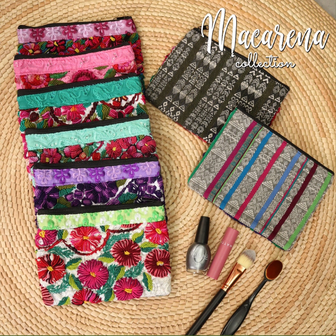 Hand Woven Mexican Embroidery Bag, Floral Cosmetic Zipper Pouch - Etsy