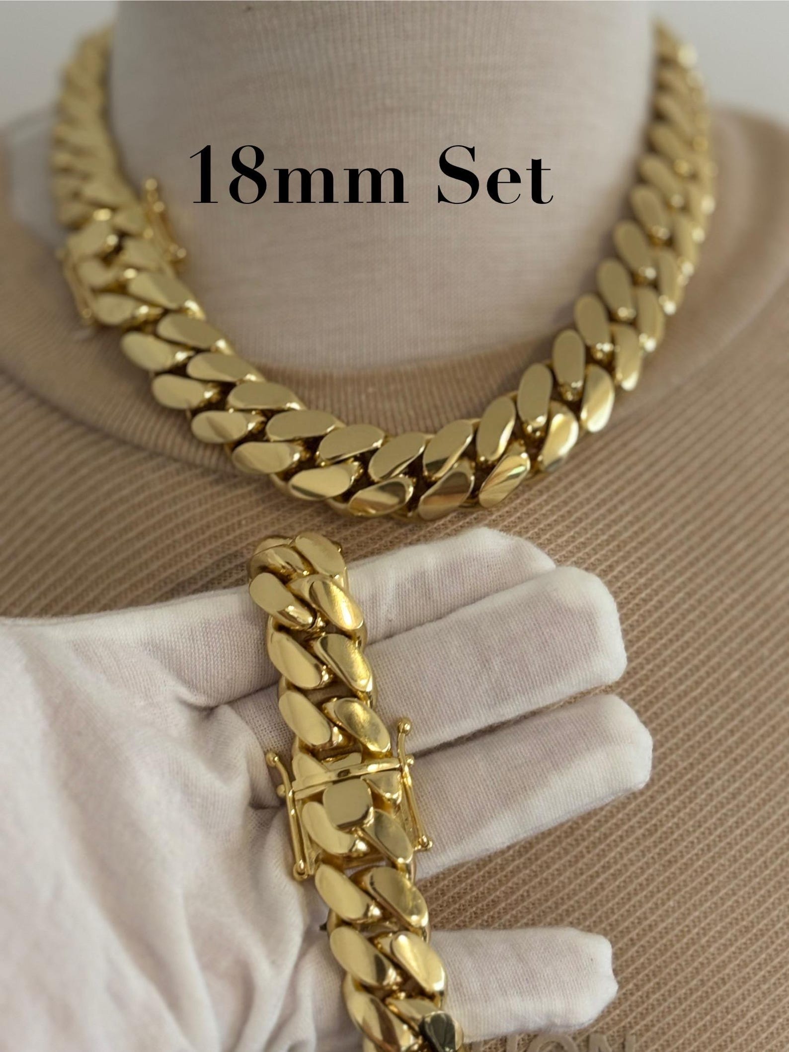 Miami Cuban Link Chain and Bracelet Set, Handmade Real 14k Gold Plated ...