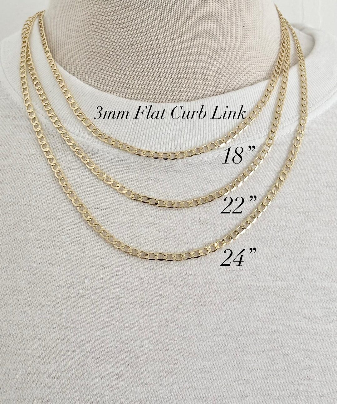 3mm Gold Tone Flat Curb Link Chain Necklace – 18” to 24” | Gold Plated ...