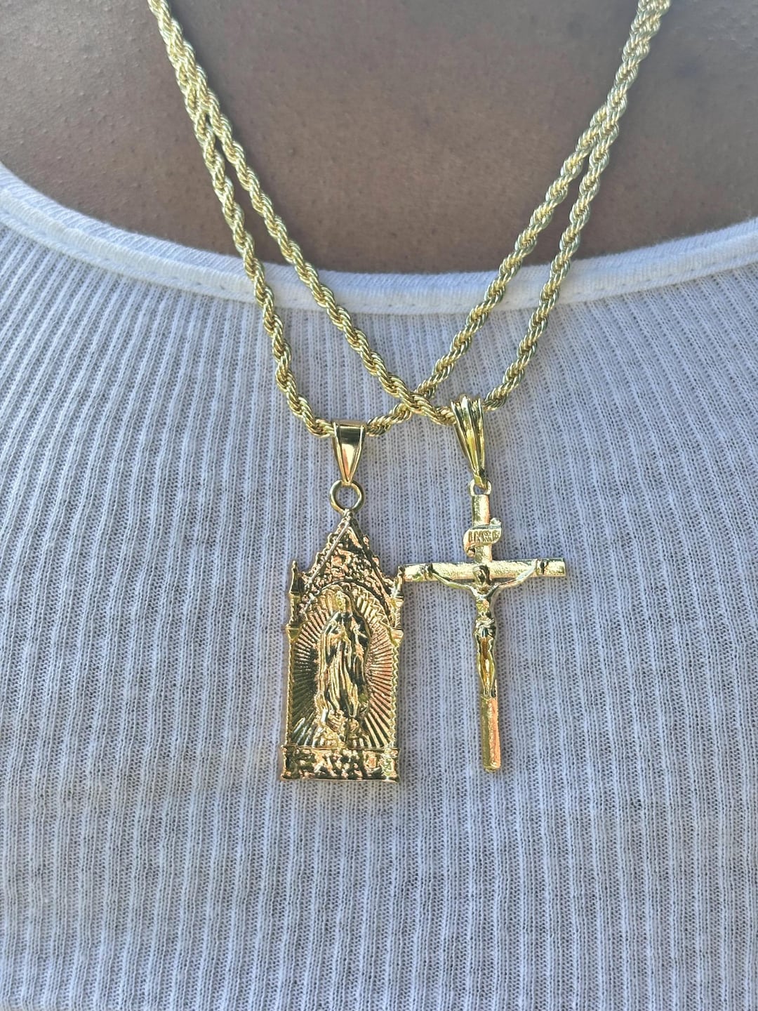 Gold Plated Rope Chain Set, St. Mary & Cross Pendants - Etsy