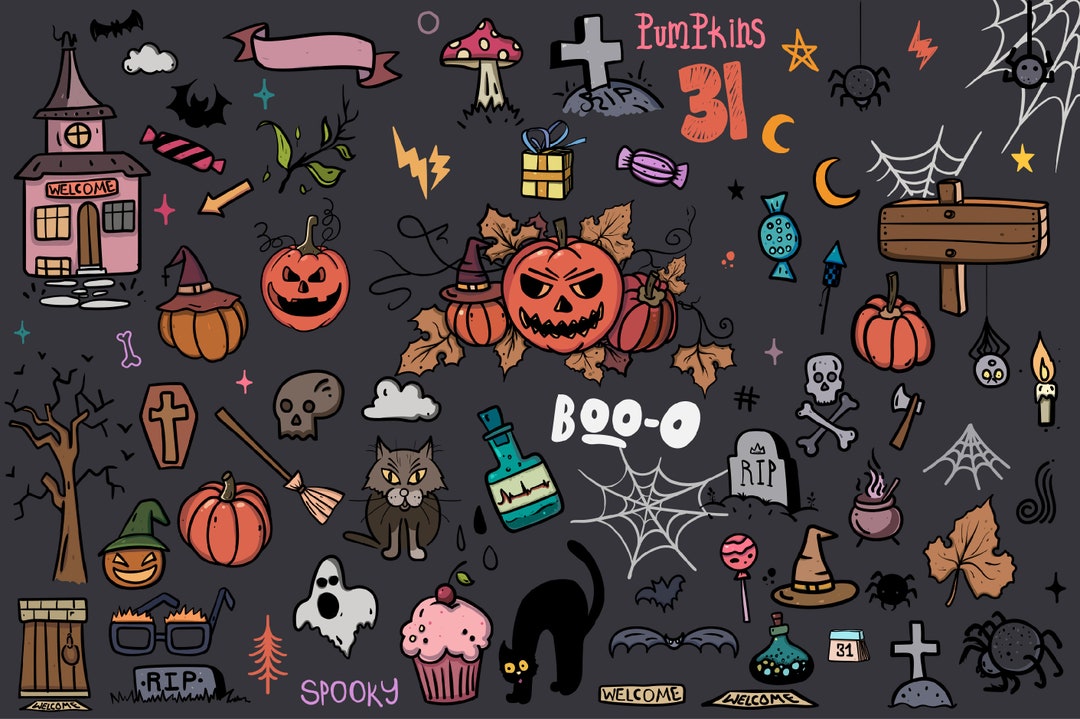 Halloween Doodles Clipart Digital Hand Drawn Sketched Skulls - Etsy