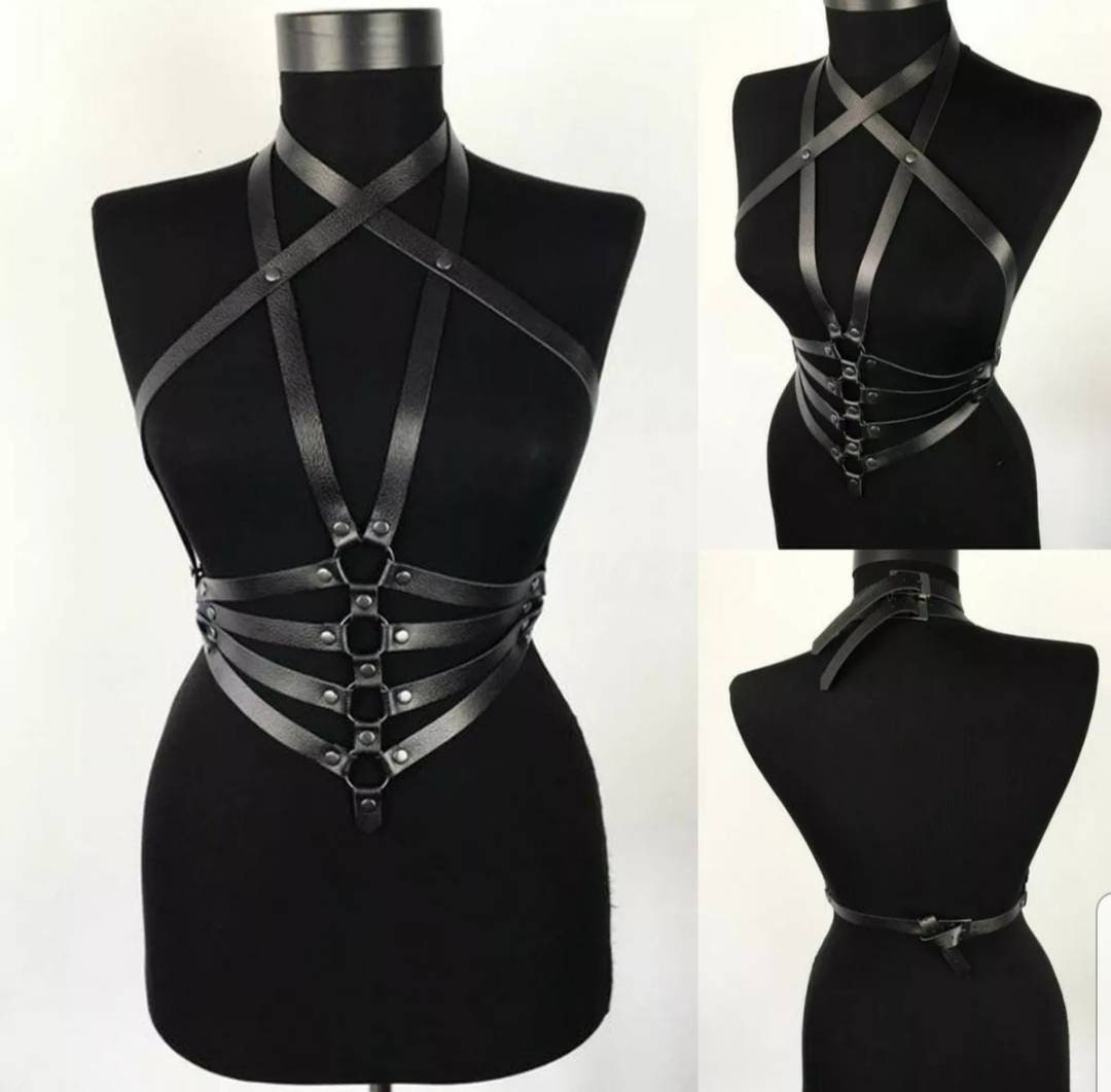 Sexy Halloween Faux Leather Body Chain Bustier Corset Harness Belted O ...