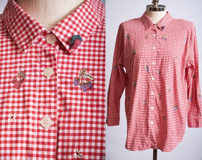 Vintage 80s 90s Plaid Blouse Red White Gingham Fruit Berries Long ...