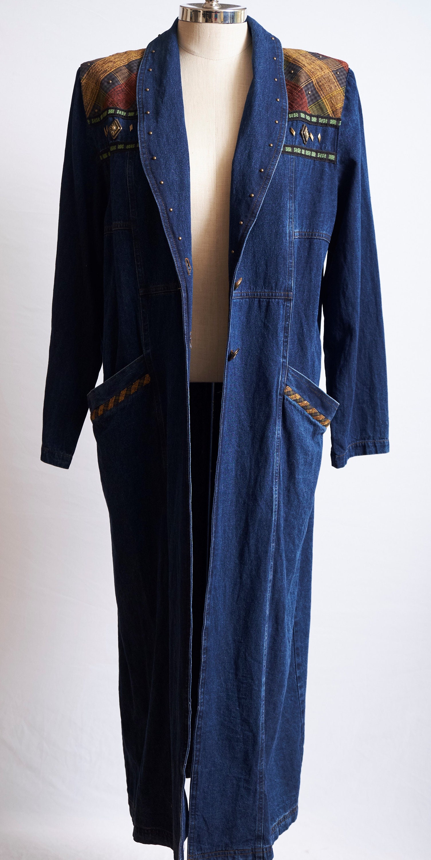 Vintage 80s duster jacket coat denim long maxi jean navy blue | Etsy