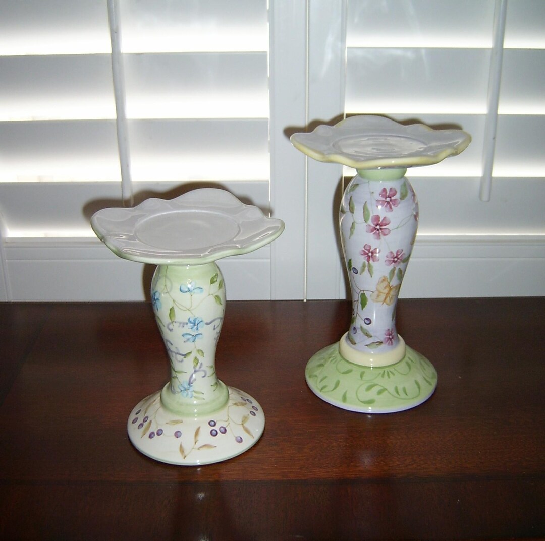 Capriware Hand-painted Ceramic Floral Candle Holders, 8 & 10", Set of 2 - Etsy
