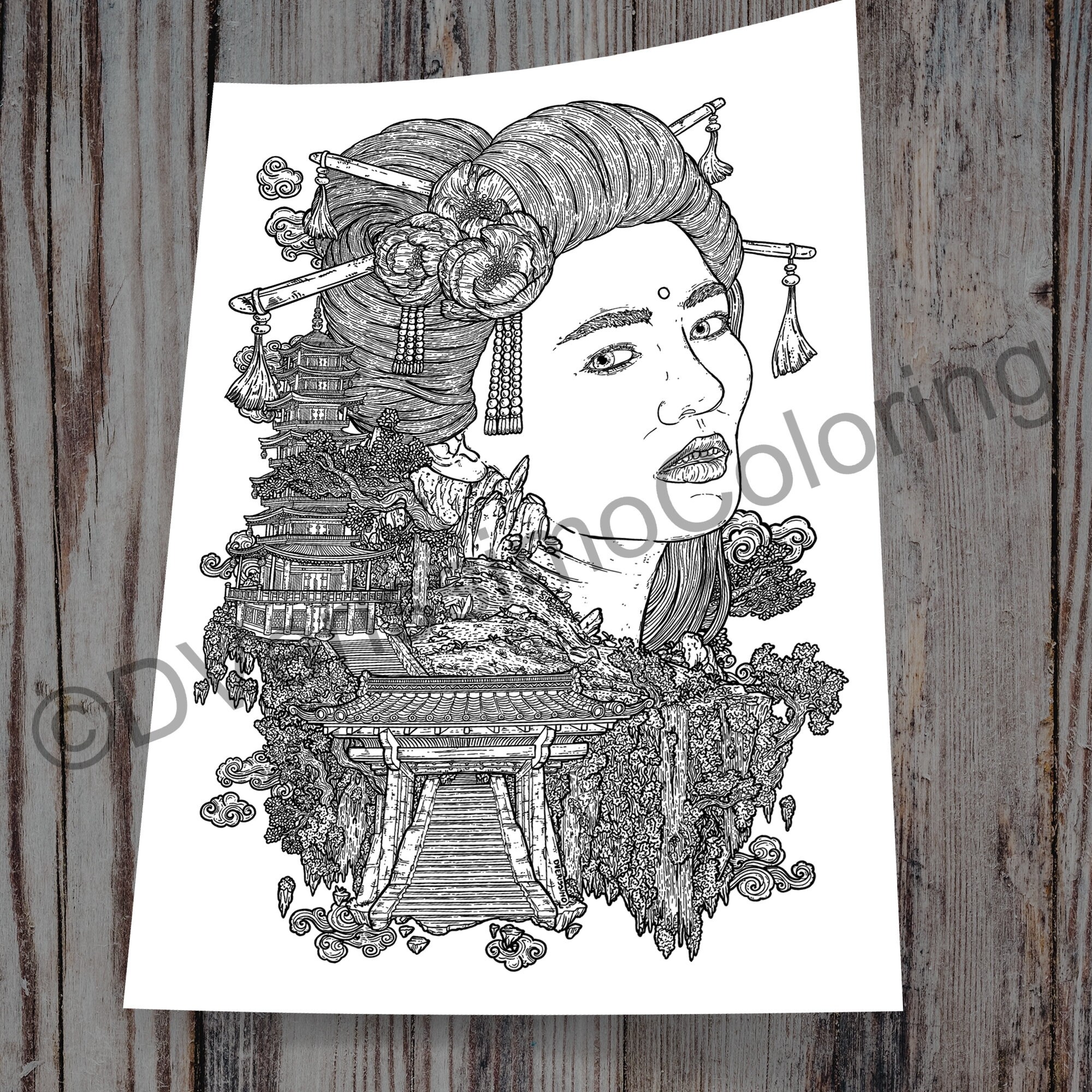 Coloring Pages PDF + JPG - Feminine, Asian, Chinese, Japanese, Nature ...