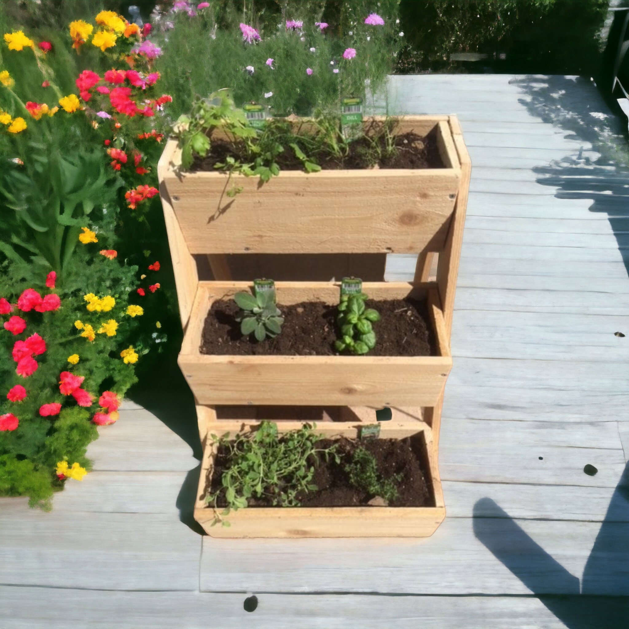 Vertical Cedar 3 Tiered Upright Patio Planter for Herbs or Flowers ...