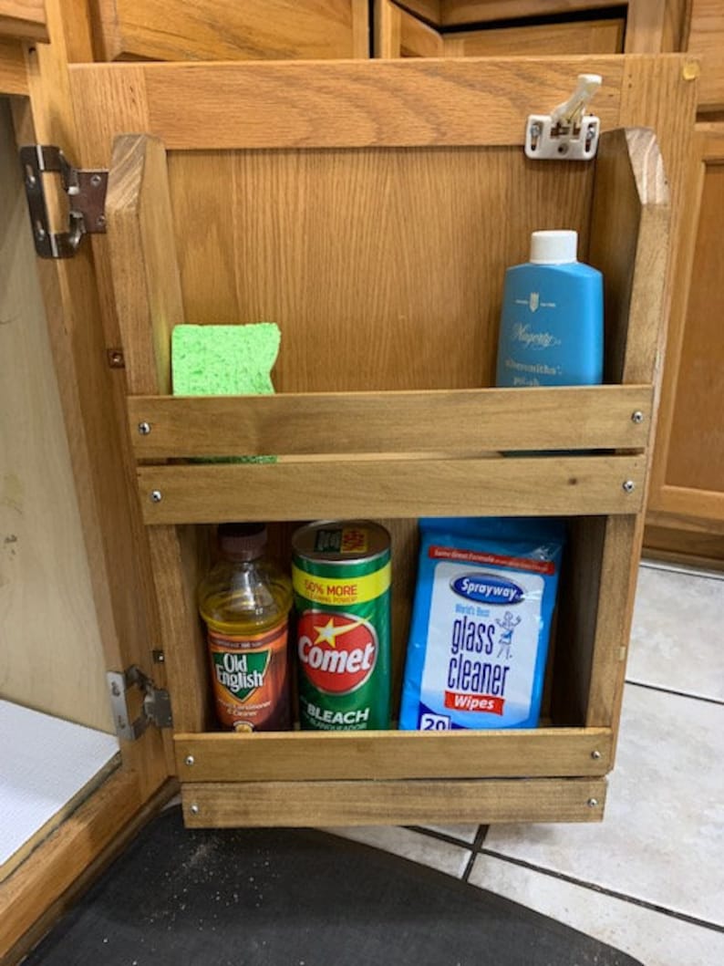 Under Sink Golden Oak Wood Cleaner Storage Shelf Organizer, Apartment ...