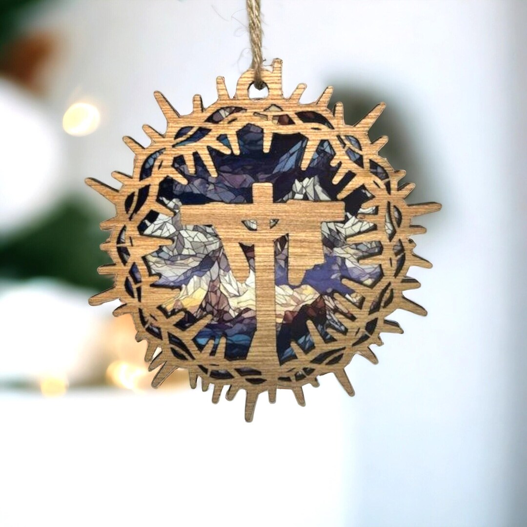Thorned Cross Ornament: Laser Cut Wood, Stained Glass Mountain - Etsy
