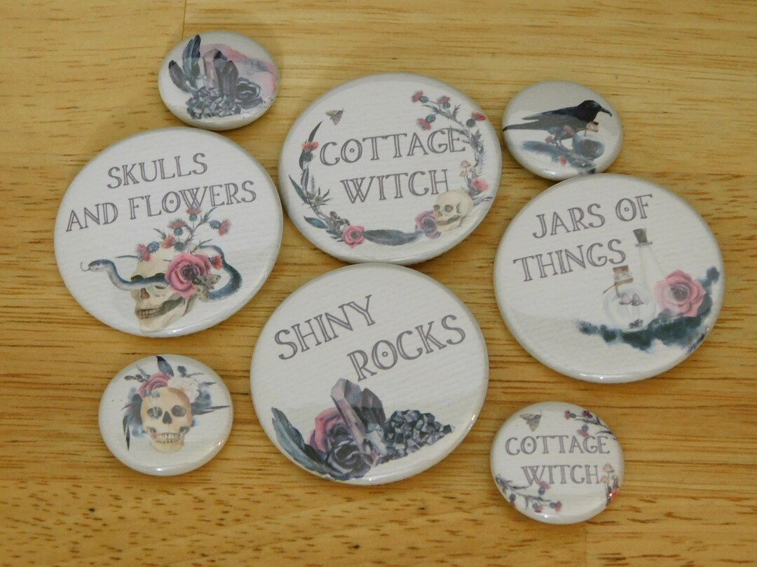 Button Set, Cottage Witch, 4 Pc pin Pinback Crystal Skull Raven Crow ...