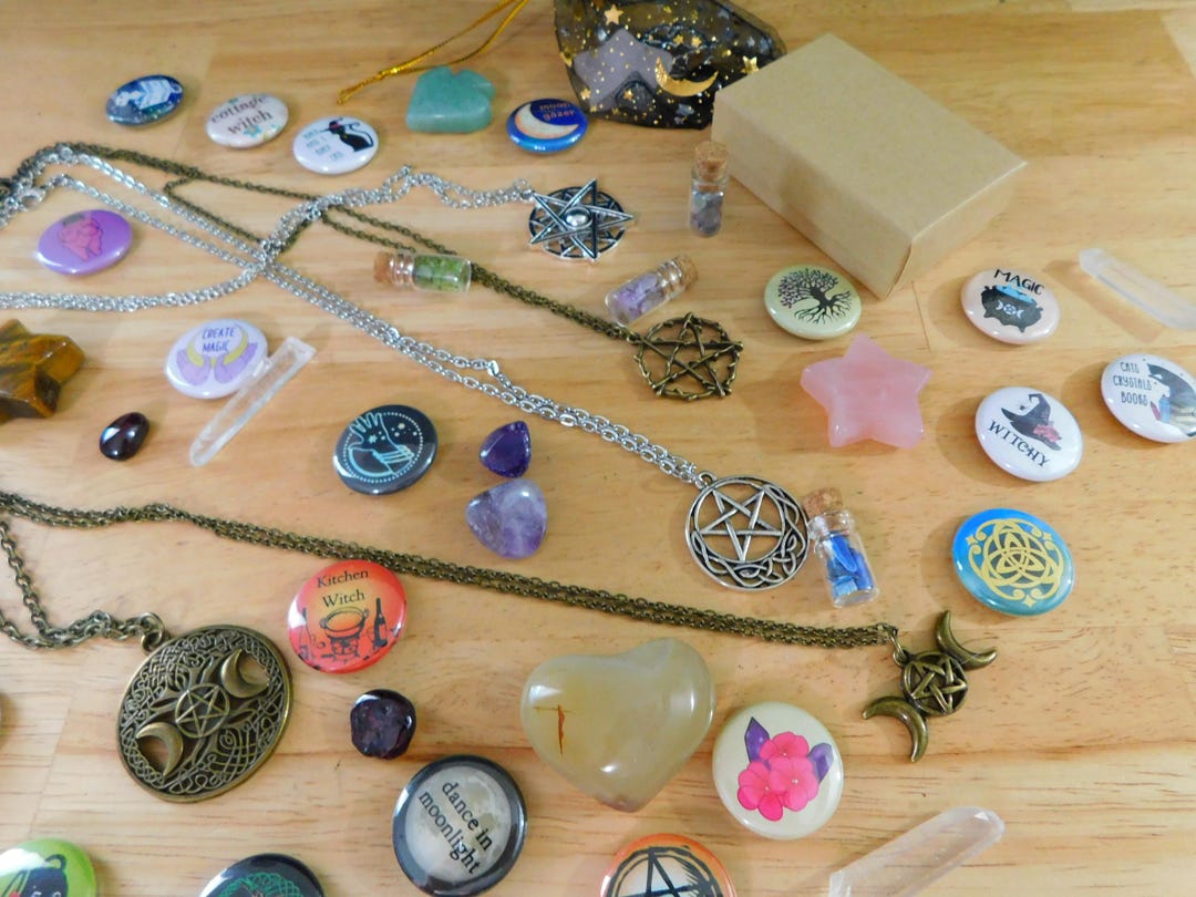 Mini Witch Gift Box--random Chosen Pentagram Necklace, 2 Buttons, & Crystals (pagan, Wiccan ...