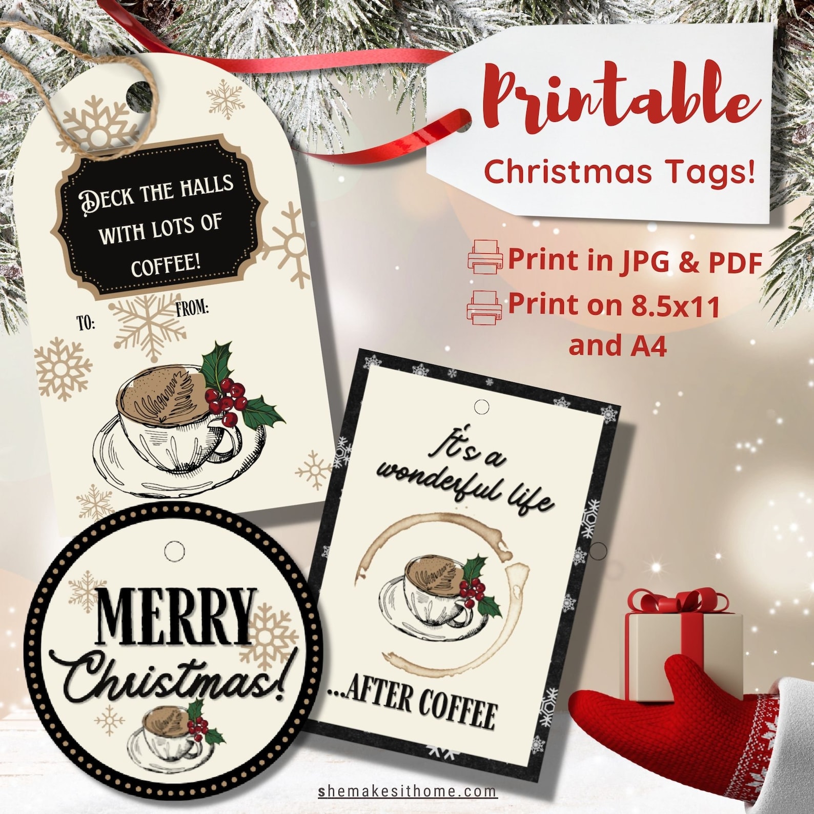 Printable Coffee Christmas GIFT TAGS, Instant Digital Download, Holiday ...
