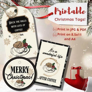 Printable Coffee Christmas GIFT TAGS, Instant Digital Download, Holiday ...