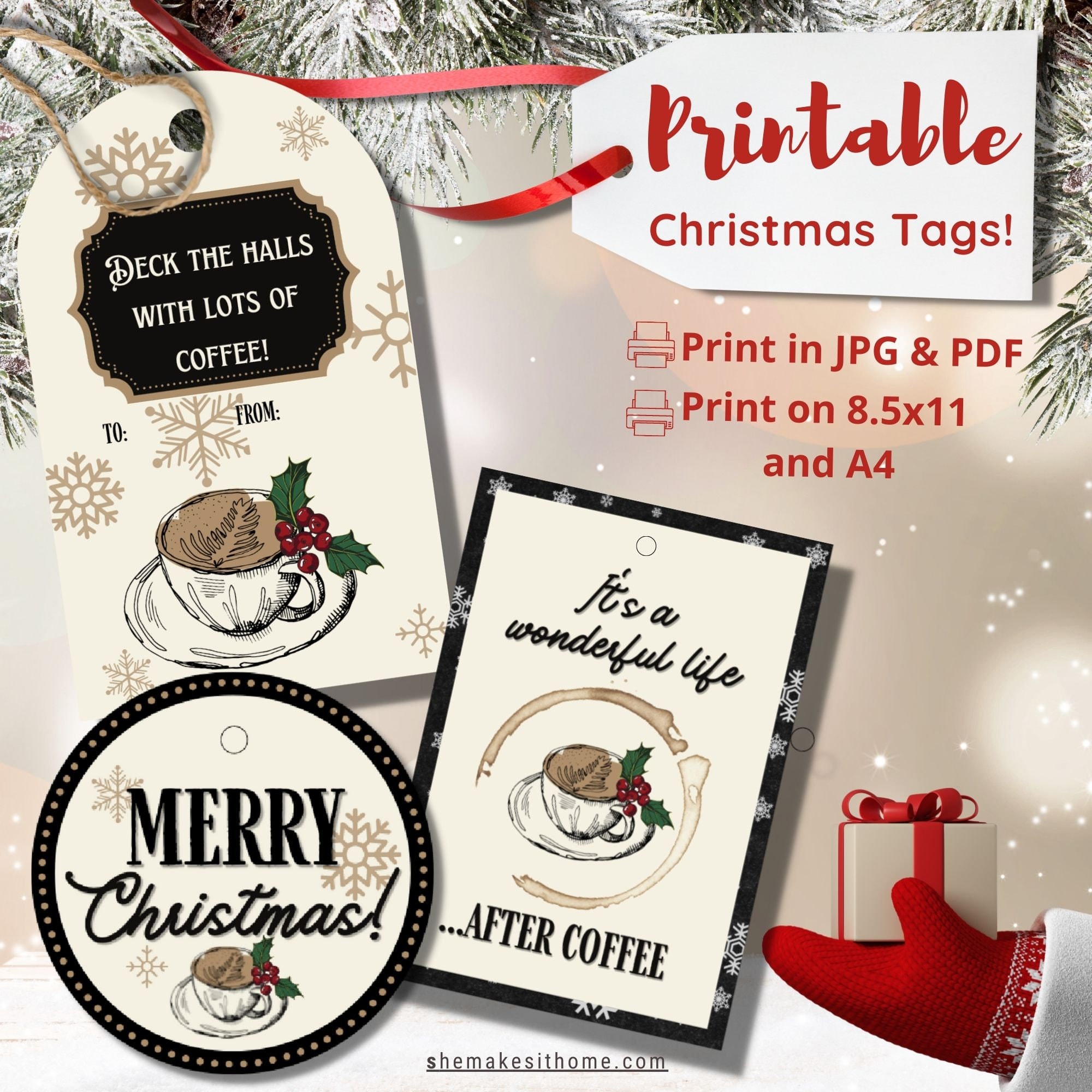Printable Coffee Christmas GIFT TAGS, Instant Digital Download, Holiday ...