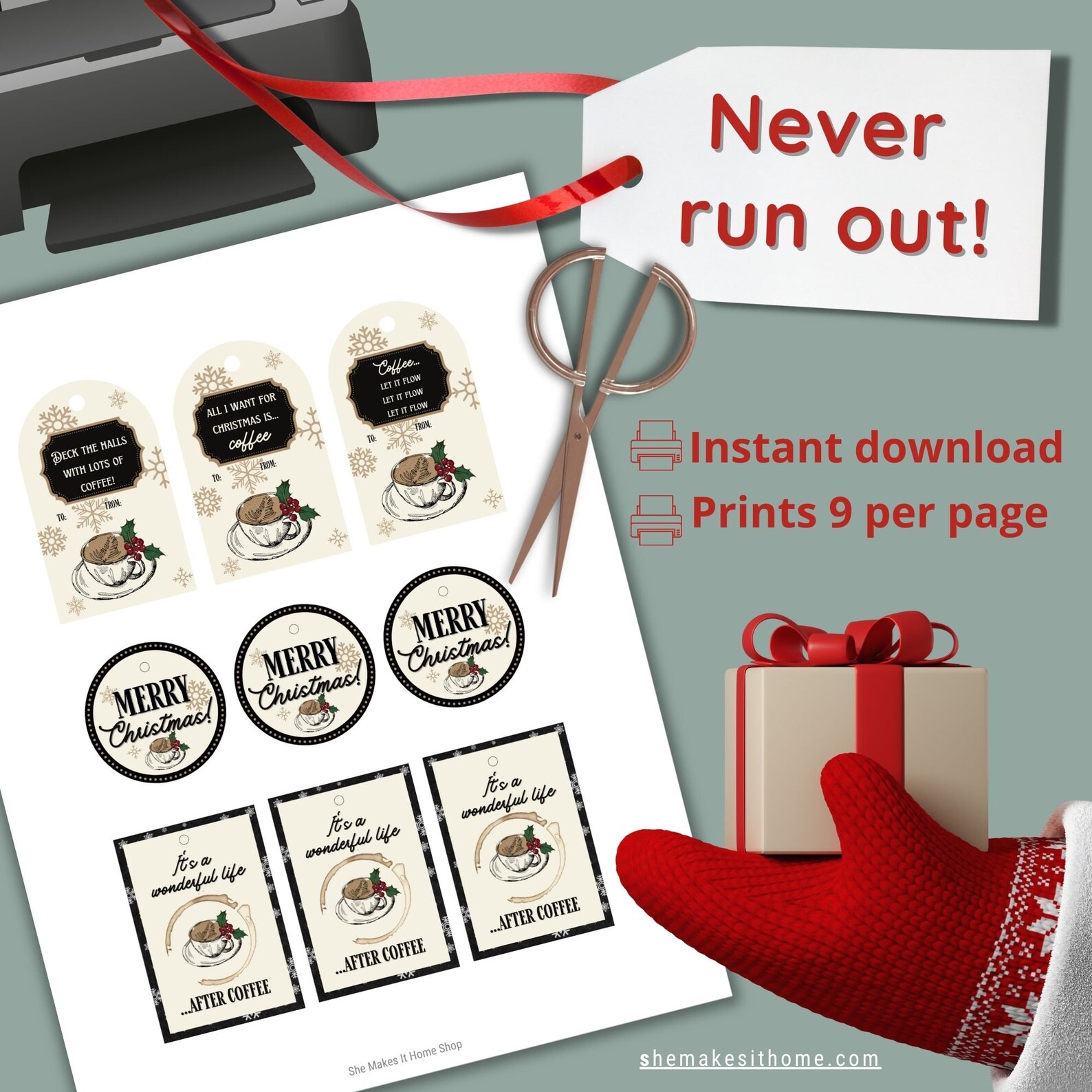 Printable Coffee Christmas GIFT TAGS, Instant Digital Download, Holiday ...