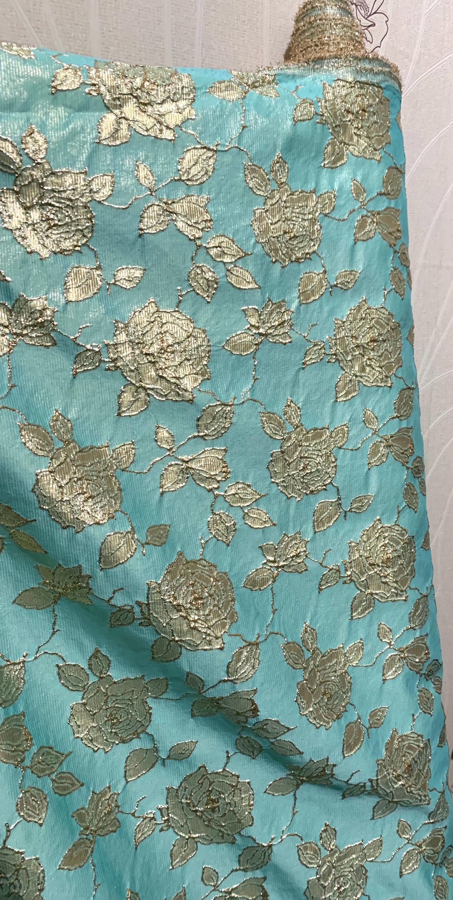 Turquoise Gold Corded Two Tone Metallic Soft Brocade Fabric 58” Wide ...